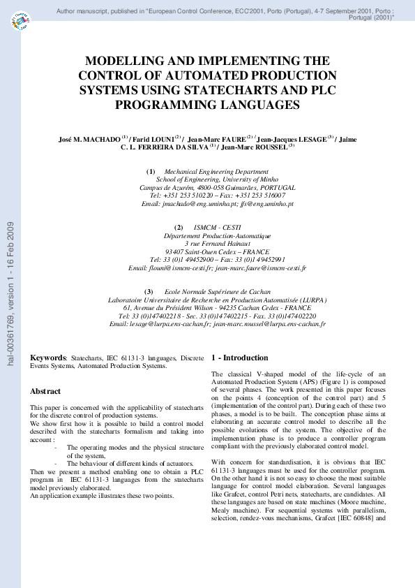 Modelling and Implementing the Control of Automated Production Systems Using Statecharts and PLC ...
