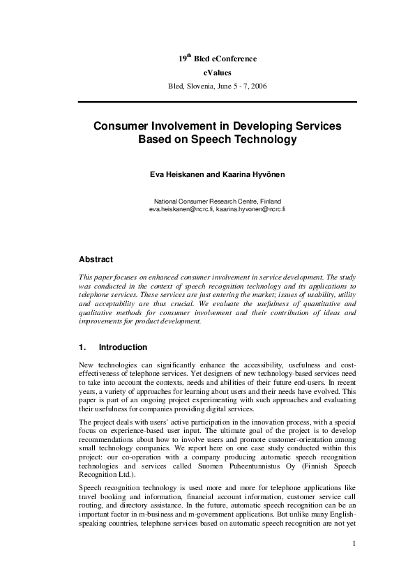 (PDF) Consumer Involvement in Developing Services Based on Speech Technology