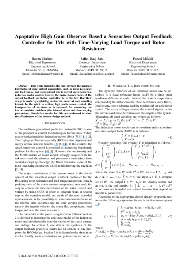 Pdf Apaptative High Gain Observer Based A Sensorless Output Feedback Controller For Ims With