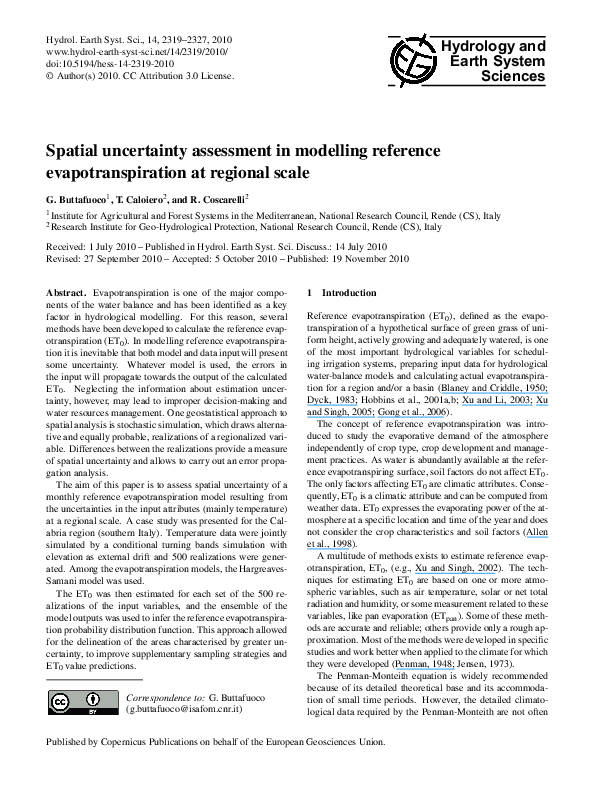 (PDF) Spatial uncertainty assessment in modelling reference evapotranspiration at regional scale