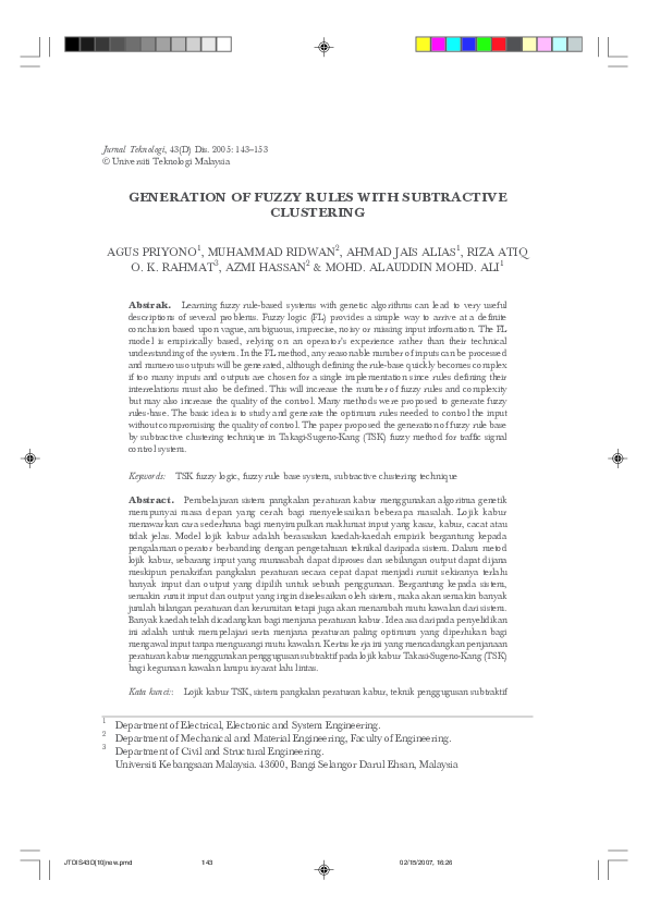 (PDF) GENERATION OF FUZZY RULES WITH SUBTRACTIVE CLUSTERING