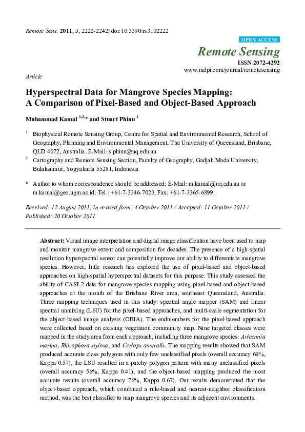 (PDF) Hyperspectral Data for Mangrove Species Mapping: A Comparison of Pixel-Based and Object ...