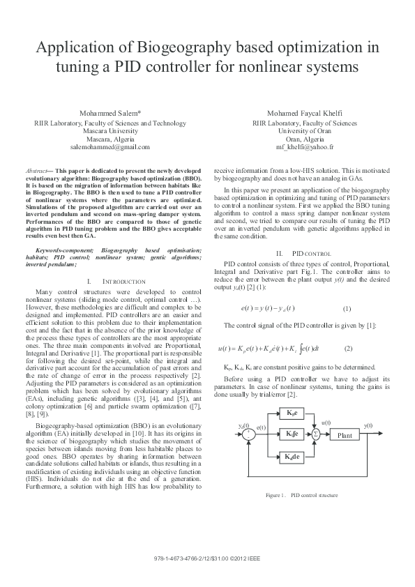 Pdf Application Of Biogeography Based Optimization In Tuning A Pid