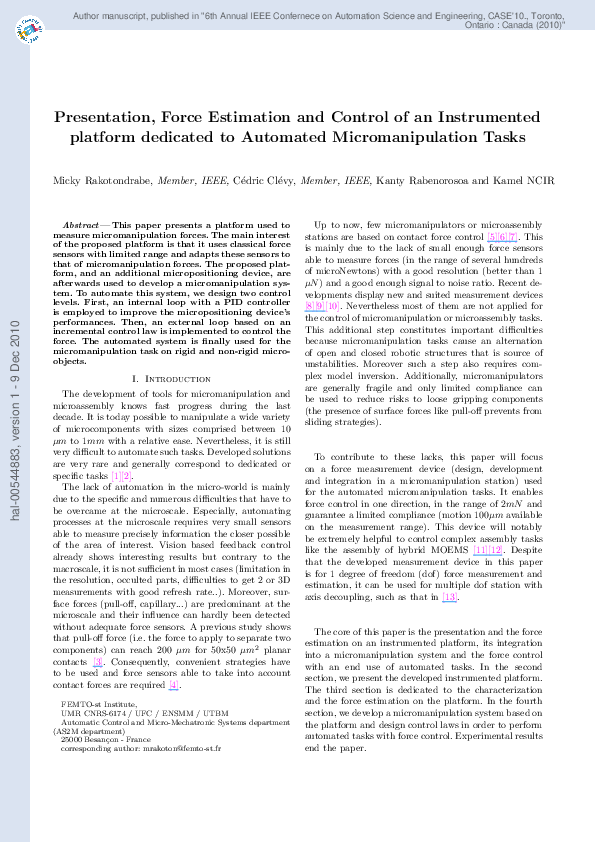 (PDF) Presentation, force estimation and control of an instrumented ...