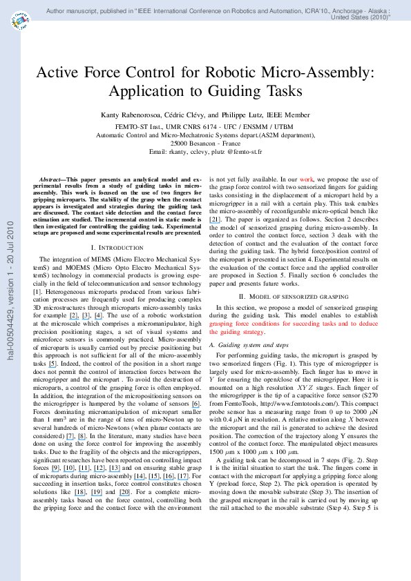 (PDF) Active force control for robotic micro-assembly: Application to guiding tasks