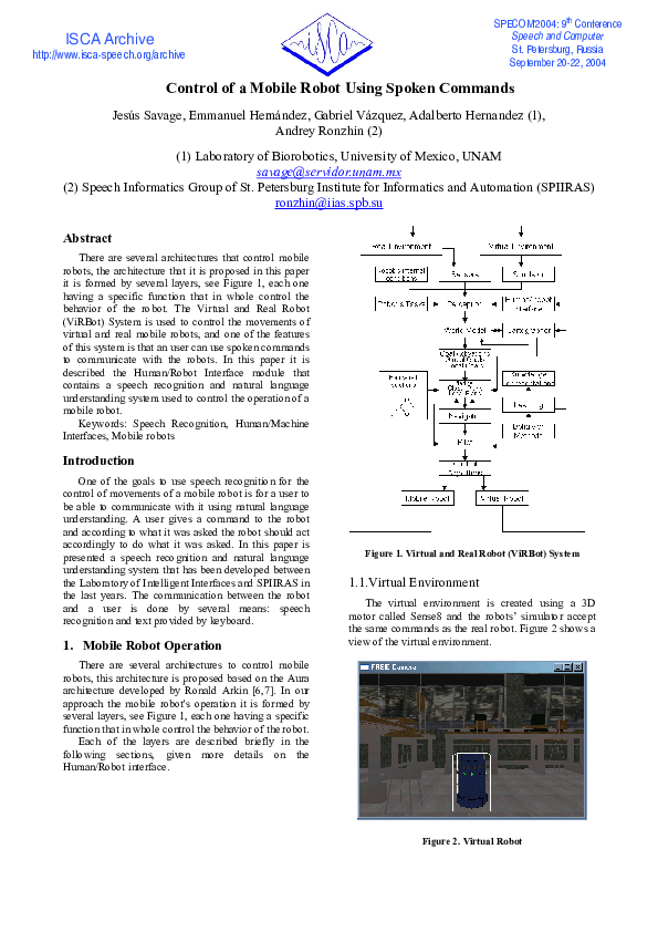 Pdf Control Of A Mobile Robot Using Spoken Commands