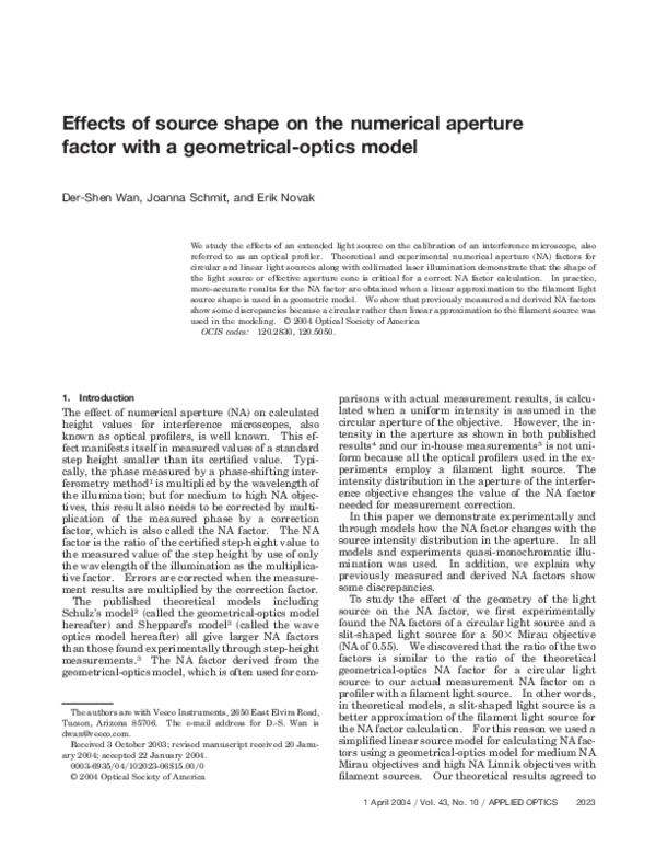 (PDF) Effects of Source Shape on the Numerical Aperture Factor with a Geometrical-Optics Model