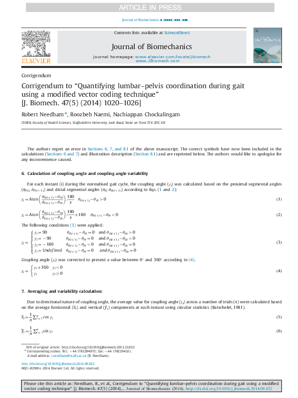 Pdf Quantifying Lumbar Pelvis Coordination During Gait Using A Modified Vector Coding Technique