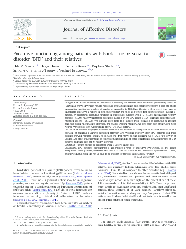 (PDF) Executive functioning among patients with borderline personality disorder (BPD) and their ...