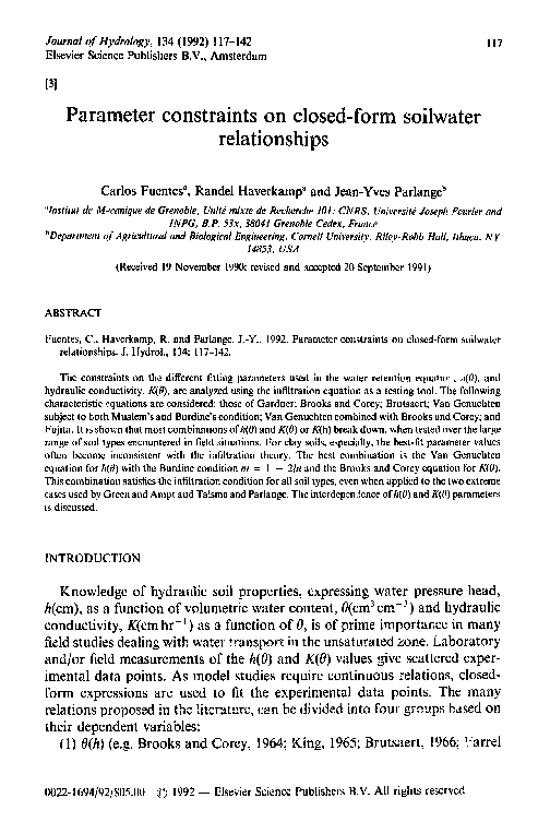 (PDF) Parameter constraints on closed-form soilwater relationships