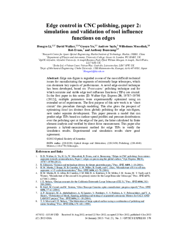 (PDF) Edge control in CNC polishing, paper 2: simulation and validation of tool influence ...