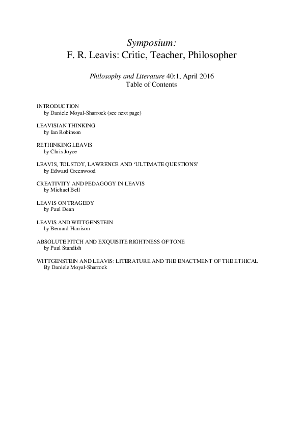 (PDF) F. R. Leavis, Critic, Teacher, Philosopher - Symposium