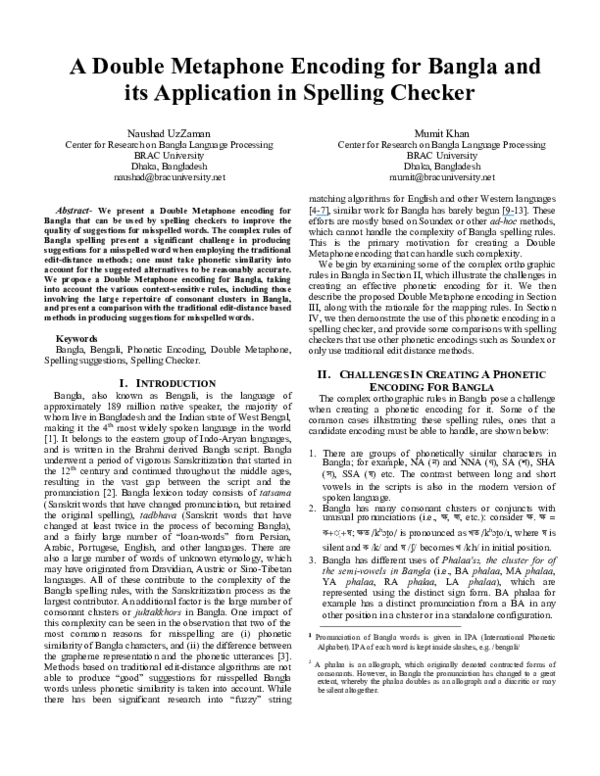 Pdf A Double Metaphone Encoding For Bangla And Its Application In Spelling Checker Mumit