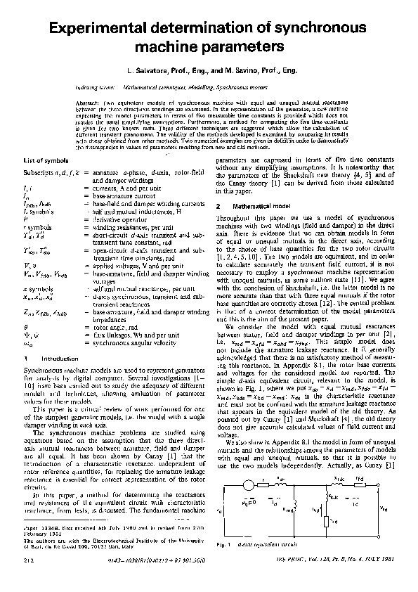 Pdf Experimental Determination Of Synchronous Machine Parameters