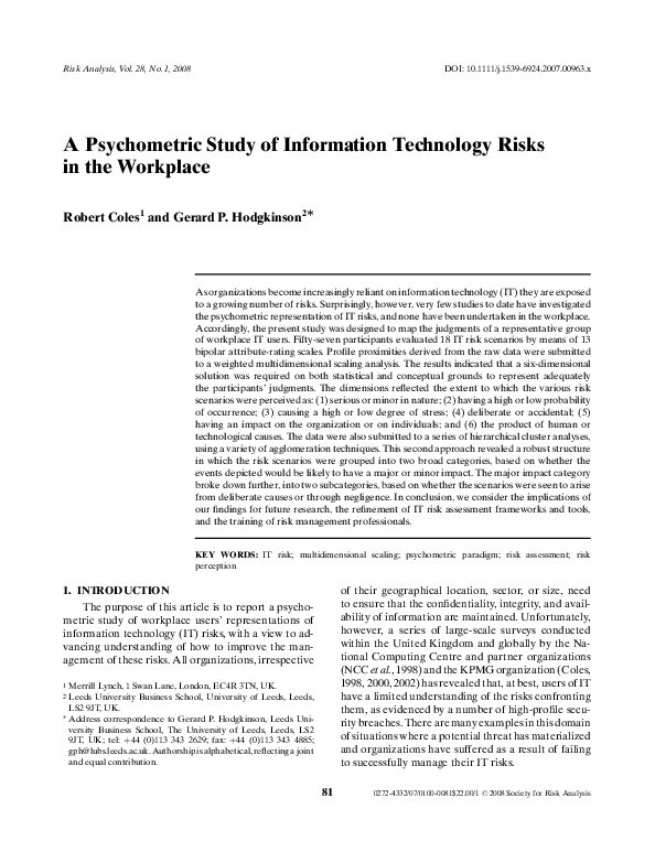 (PDF) A Psychometric Study of Information Technology Risks in the Workplace