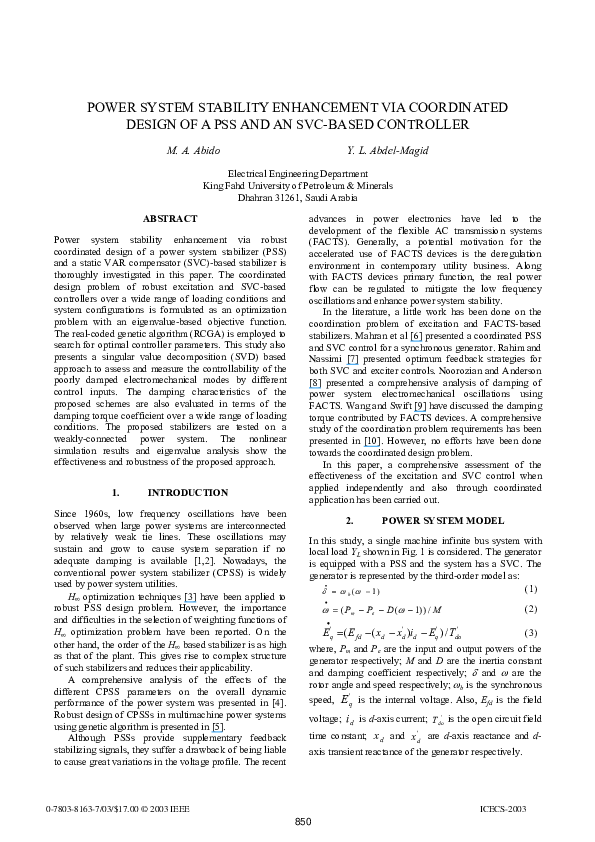 (PDF) Power system stability enhancement via coordinated design of a PSS and an SVC-based ...