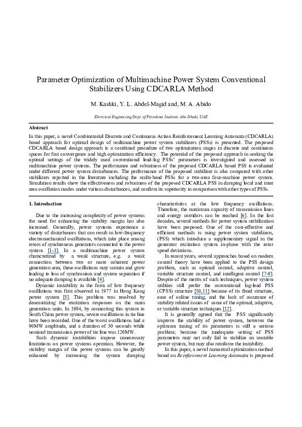 (PDF) Parameter optimization of multimachine power system conventional stabilizers using CDCARLA ...