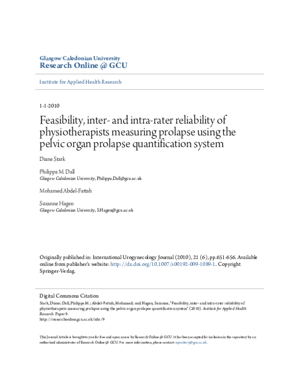(PDF) Feasibility, inter- and intra-rater reliability of physiotherapists measuring prolapse ...
