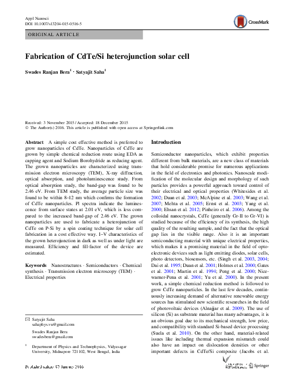 (PDF) Fabrication of CdTe/Si heterojunction solar cell