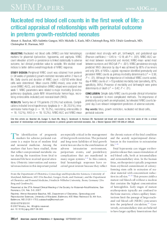 (PDF) Nucleated red blood cell counts in the first week of life: a ...