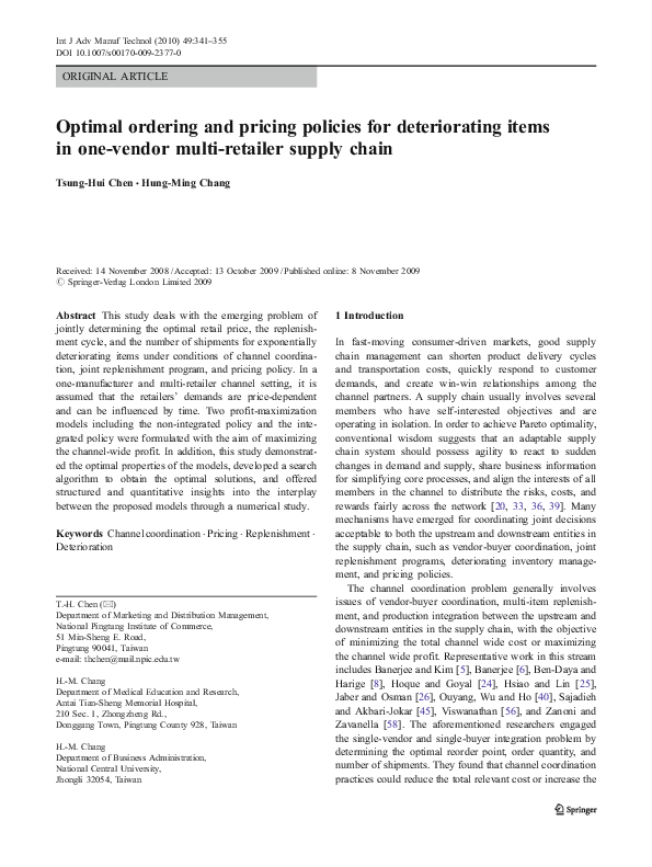 Pdf Optimal Ordering And Pricing Policies For Deteriorating Items In One Vendor Multi Retailer