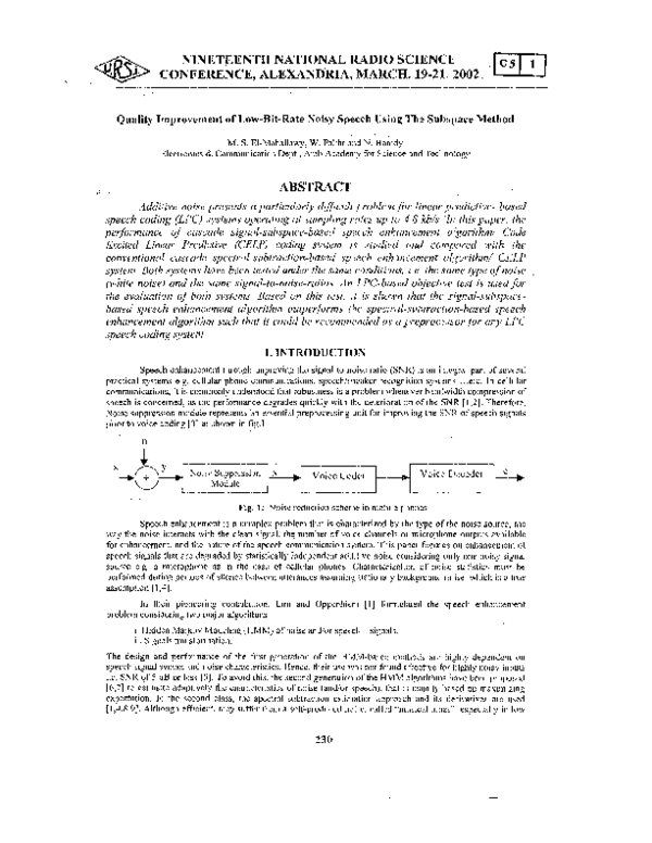 (PDF) Quality improvement of low-bit-rate noisy speech using the subspace method