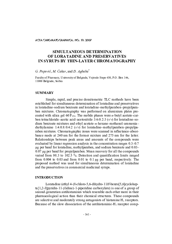 Pdf Simultaneous Determination Of Loratadine And Preservatives In Syrups By Thin Layer