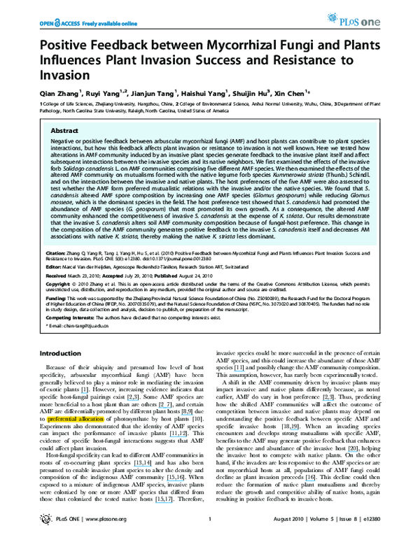 (PDF) Positive Feedback between Mycorrhizal Fungi and Plants Influences Plant Invasion Success ...