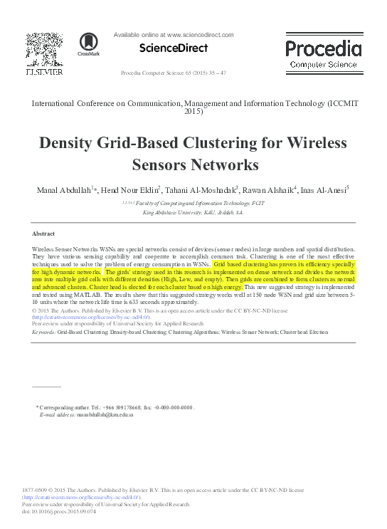 Pdf Density Grid Based Clustering For Wireless Sensors Networkslicensesby Nc Nd40 Peer 