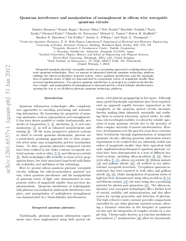 (PDF) Quantum interference and manipulation of entanglement in silicon ...