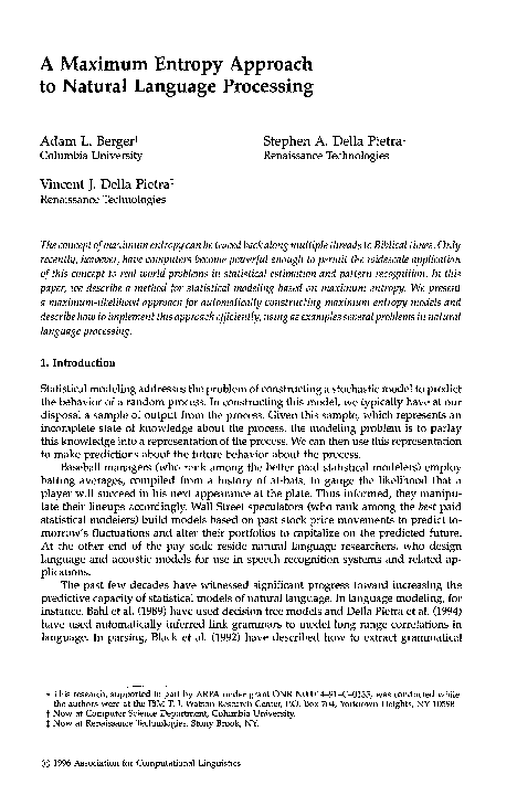 (PDF) A Maximum Entropy Approach to Natural Language Processing