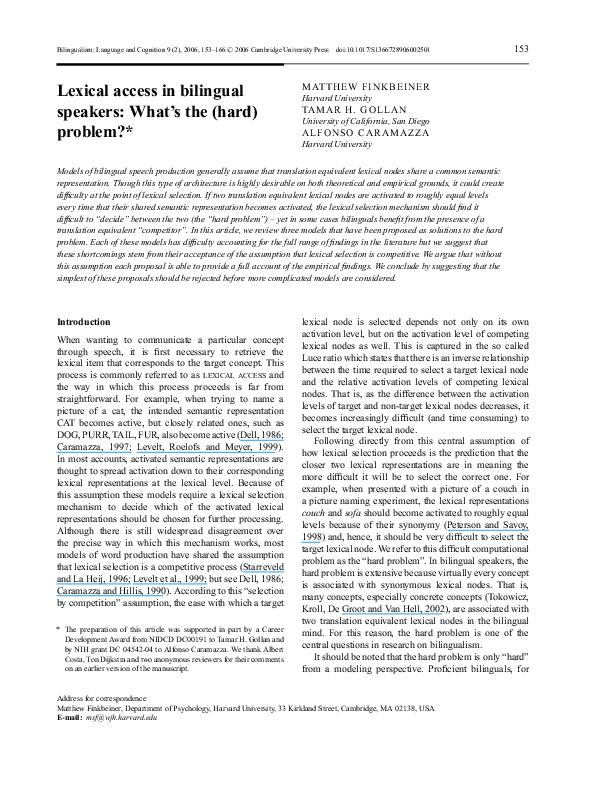 (PDF) Lexical access in bilingual speakers: What's the (hard) problem?
