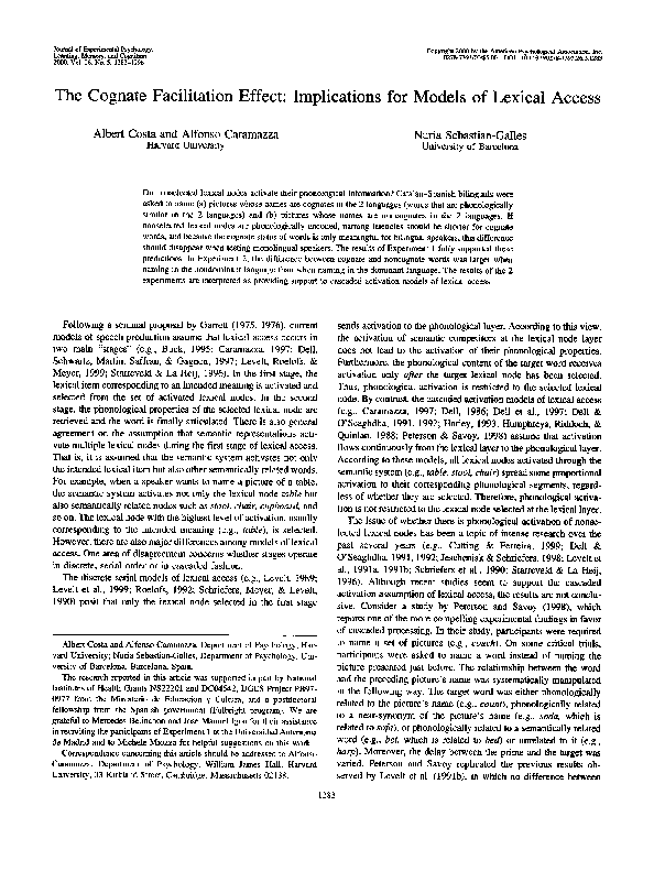 (PDF) The cognate facilitation effect: Implications for models of lexical access