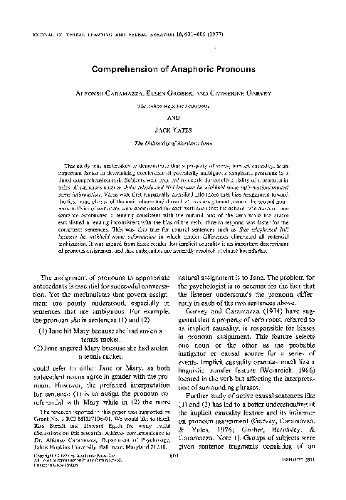 (PDF) Comprehension of anaphoric pronouns