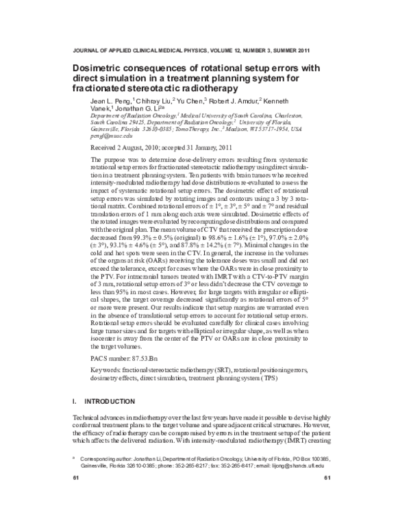 Pdf Dosimetric Consequences Of Rotational Setup Errors With Direct