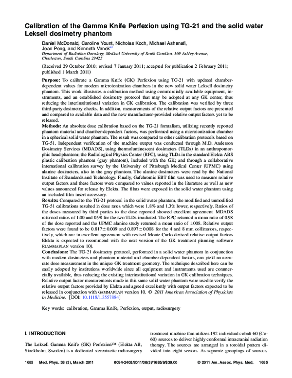 (PDF) Calibration of the Gamma Knife Perfexion using TG-21 and the ...