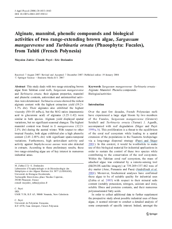 (PDF) Alginate, mannitol, phenolic compounds and biological activities of two range-extending ...