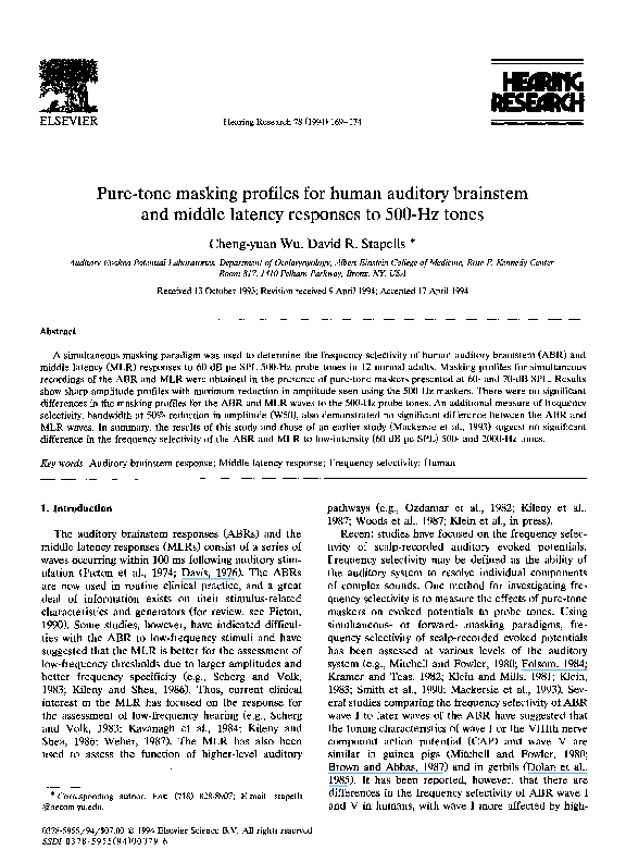 (PDF) Pure-tone masking profiles for human auditory brainstem and ...