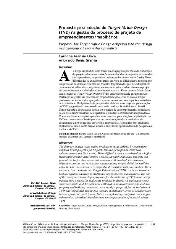 (PDF) Proposal for Target Value Design adoption into the design ...