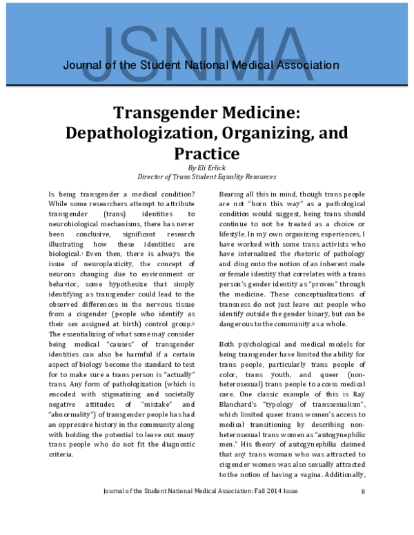 (PDF) Transgender Medicine: Depathologization, Organizing, and Practice