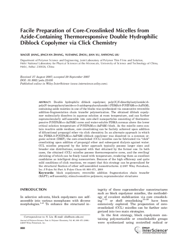 (PDF) Shell-crosslinked nanoparticles through self-assembly of thermoresponsive block copolymers ...