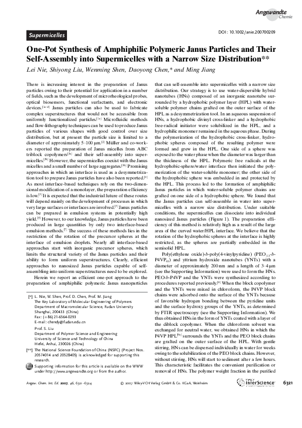 (PDF) One-Pot Synthesis of Amphiphilic Polymeric Janus Particles and ...