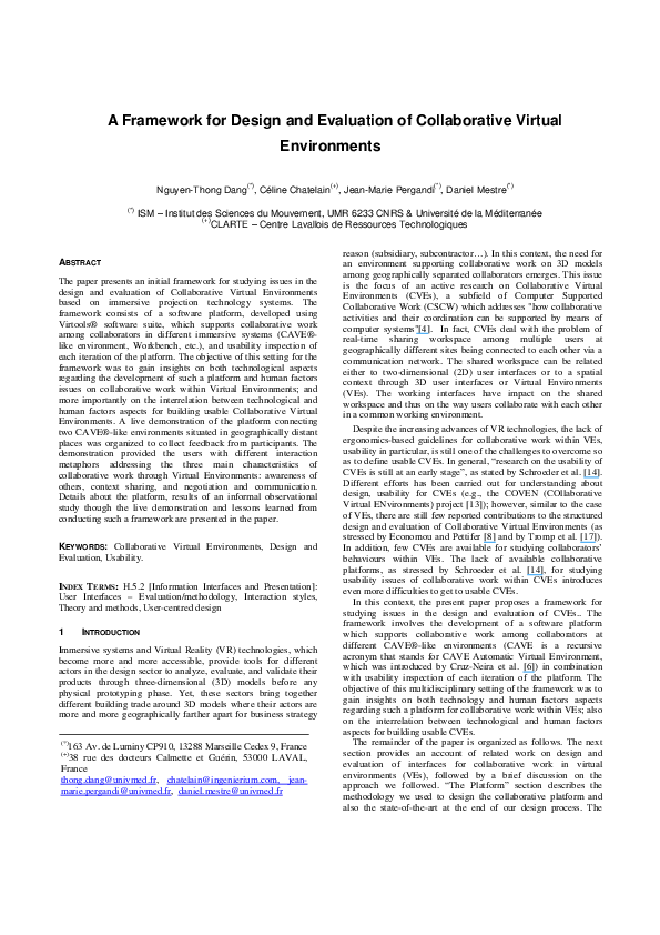(PDF) A Framework for Design and Evaluation of Collaborative Virtual Environments