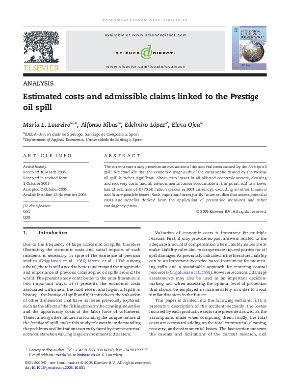 (PDF) Estimated costs and admissible claims linked to the Prestige oil ...