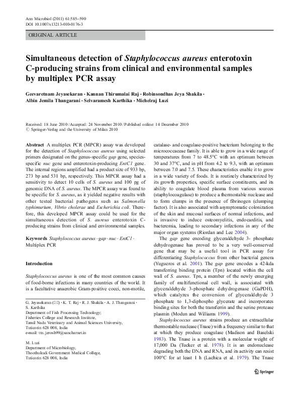 Pdf Simultaneous Detection Of Staphylococcus Aureus Enterotoxin C
