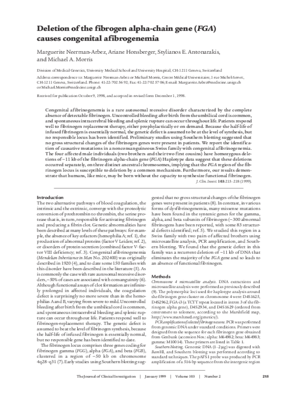 (PDF) Deletion of the fibrogen alpha-chain gene (FGA) causes congenital ...