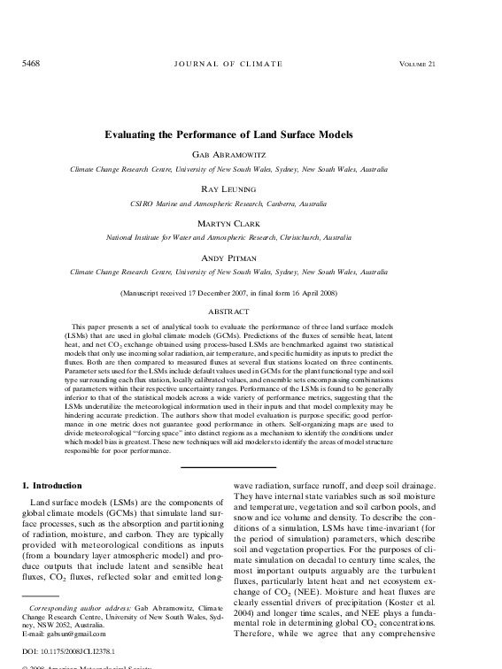 Pdf Evaluating The Performance Of Land Surface Models Mohamed Ahmed