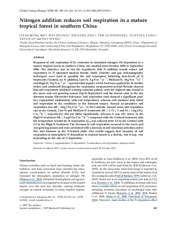 (PDF) Nitrogen addition reduces soil respiration in a mature tropical ...
