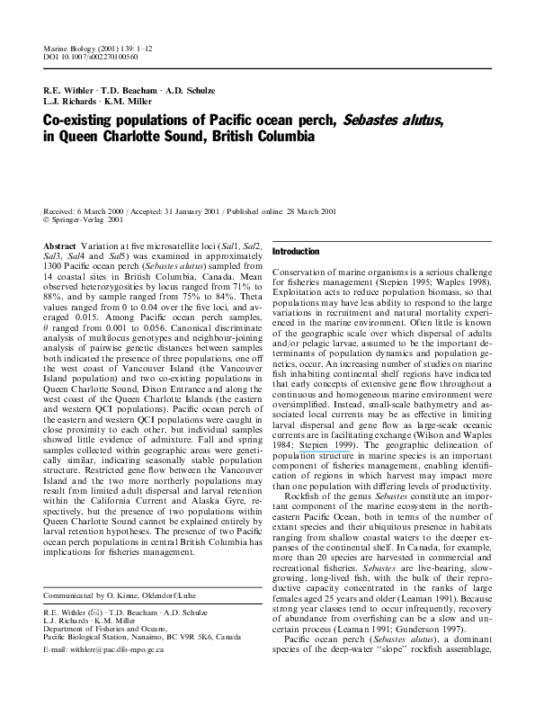 (PDF) Co-existing populations of Pacific ocean perch, Sebastes alutus ...