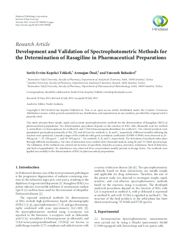 (PDF) DEVELOPMENT AND VALIDATION OF A SPECTROPHOTOMETRIC/COLORIMETRIC METHOD FOR THE ...